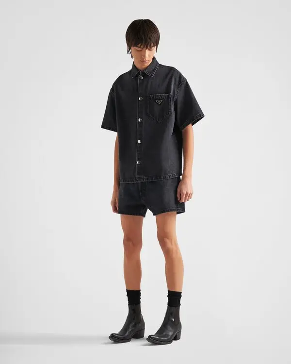 Prada Logo Plaque Short Sleeved Denim Shirt - Black