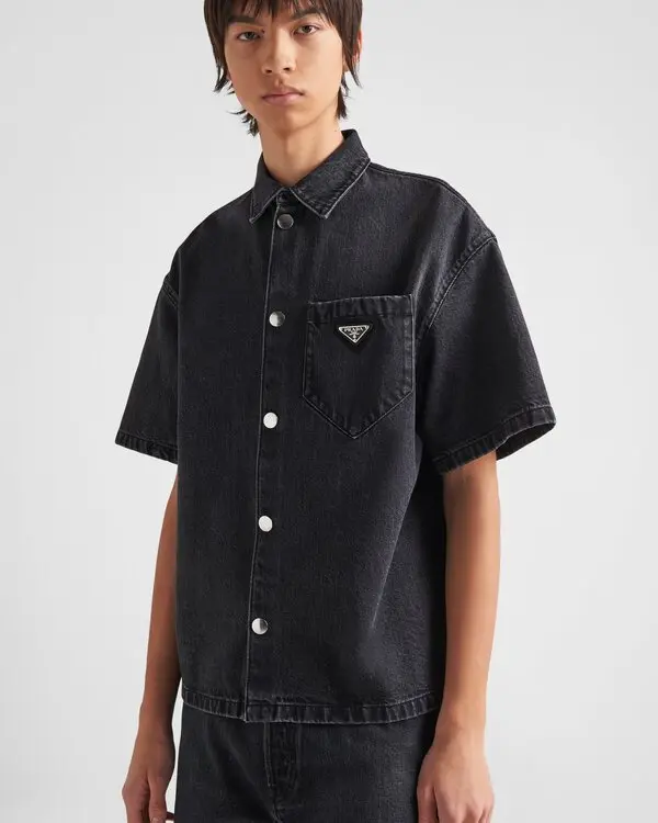 Prada Logo Plaque Short Sleeved Denim Shirt - Black
