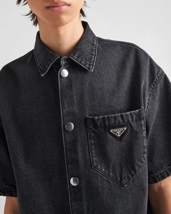 Prada Logo Plaque Short Sleeved Denim Shirt - Black