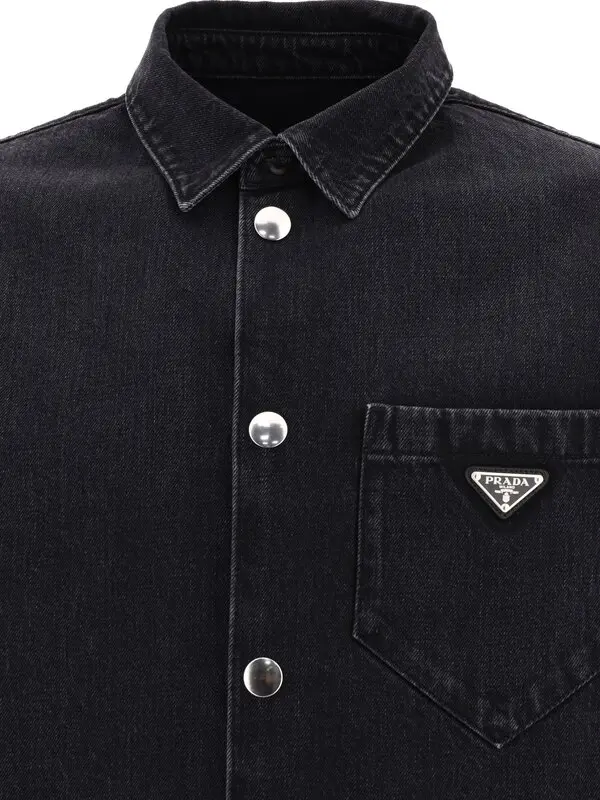 Prada Logo Plaque Short Sleeved Denim Shirt