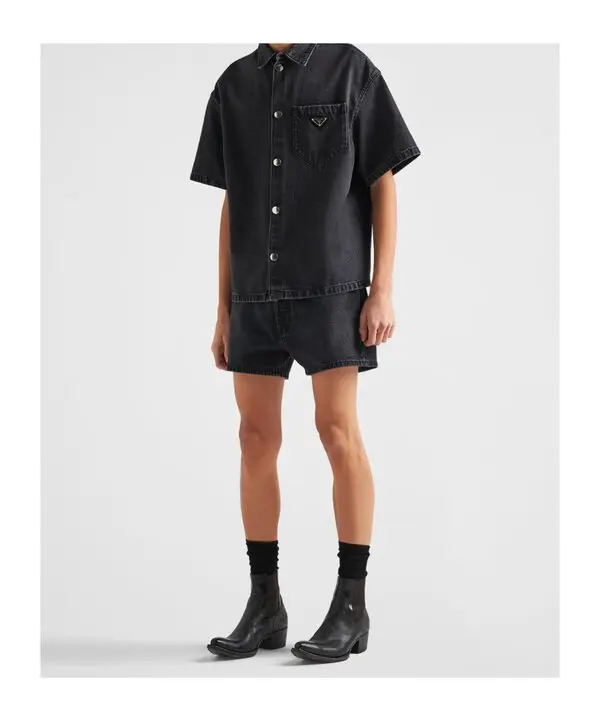 Prada Logo Plaque Short Sleeved Denim Shirt