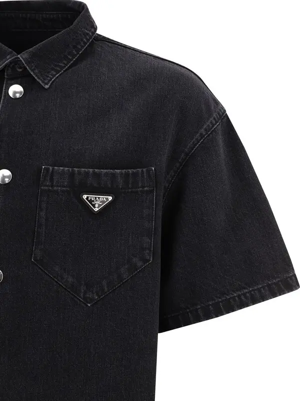 Prada Logo Plaque Short Sleeved Denim Shirt