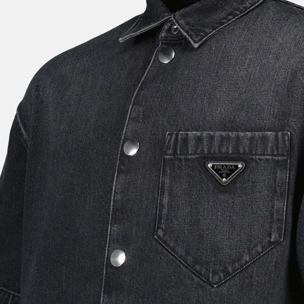 Prada Logo Plaque Short Sleeved Denim Shirt
