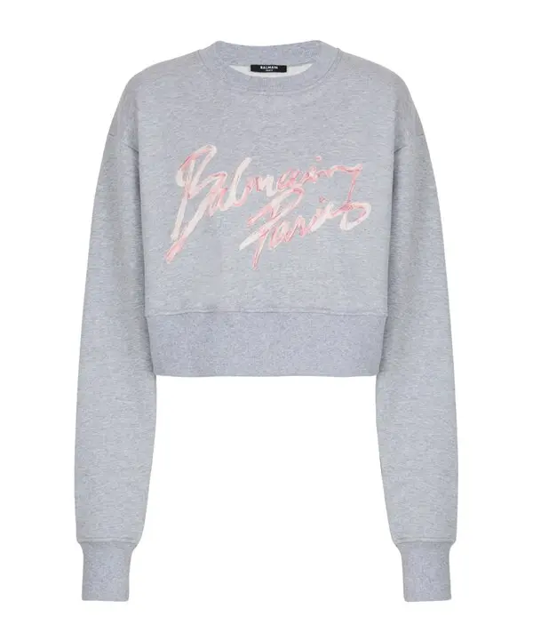 Balmain Logo Printed Cropped Sweatshirt - Grey