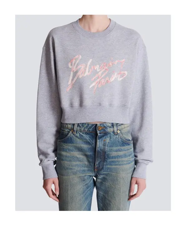 Balmain Logo Printed Cropped Sweatshirt - Grey
