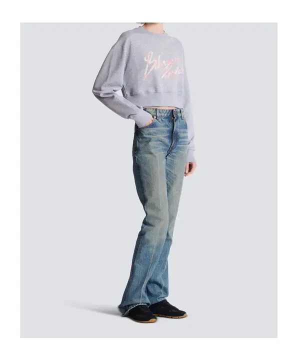 Balmain Logo Printed Cropped Sweatshirt - Grey