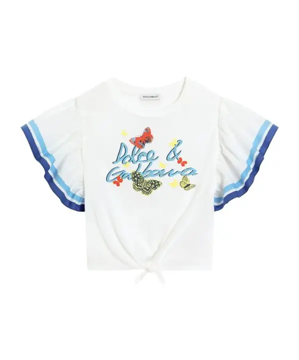 Dolce & Gabbana Logo Print T-shirt With Knot Detailing And Butterfly Sleeves - White