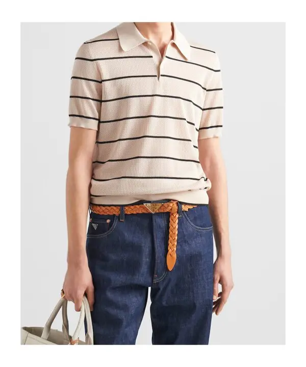 Prada Short-sleeved Striped Open-knit Polo Shirt