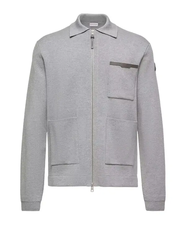 Moncler Wool Zip-up Cardigan With Leather Logo Details - Gray