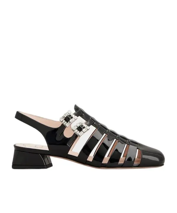 ROGER VIVIER Très Vivier Patent Leather Sandals With Crystal Buckles - Black