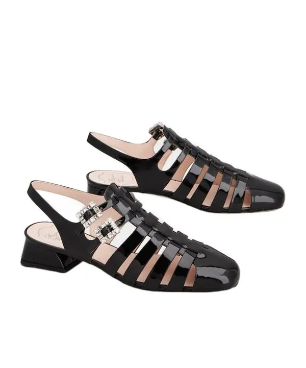 ROGER VIVIER Très Vivier Patent Leather Sandals With Crystal Buckles - Black
