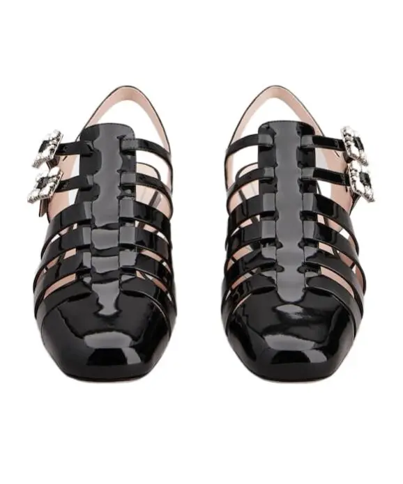 ROGER VIVIER Très Vivier Patent Leather Sandals With Crystal Buckles - Black
