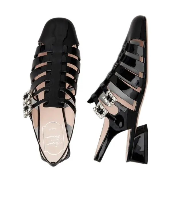 ROGER VIVIER Très Vivier Patent Leather Sandals With Crystal Buckles - Black