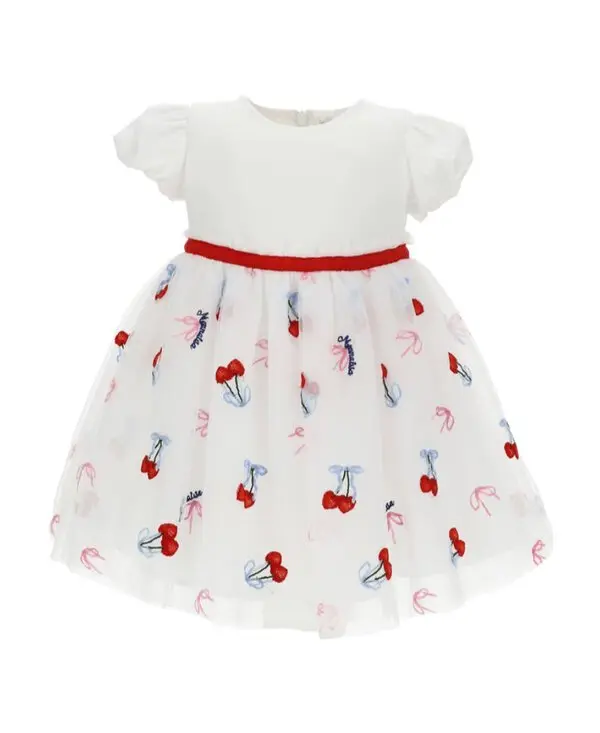 Monnalisa Cherry Embroidered Tulle Dress - White