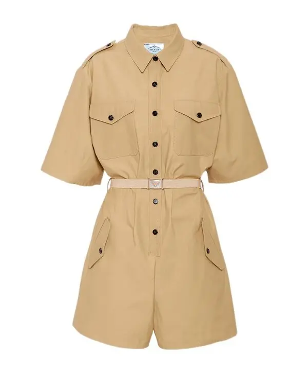 Prada Short-sleeved Belted Jumpsuit - Khaki
