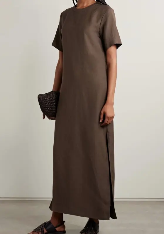 Brunello Cucinelli Round Neck Short Sleeve Maxi Dress With Slit Skirt