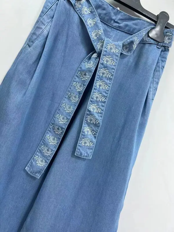 Chloé Wide-leg Tencel Chambray Trousers With Belted Waist