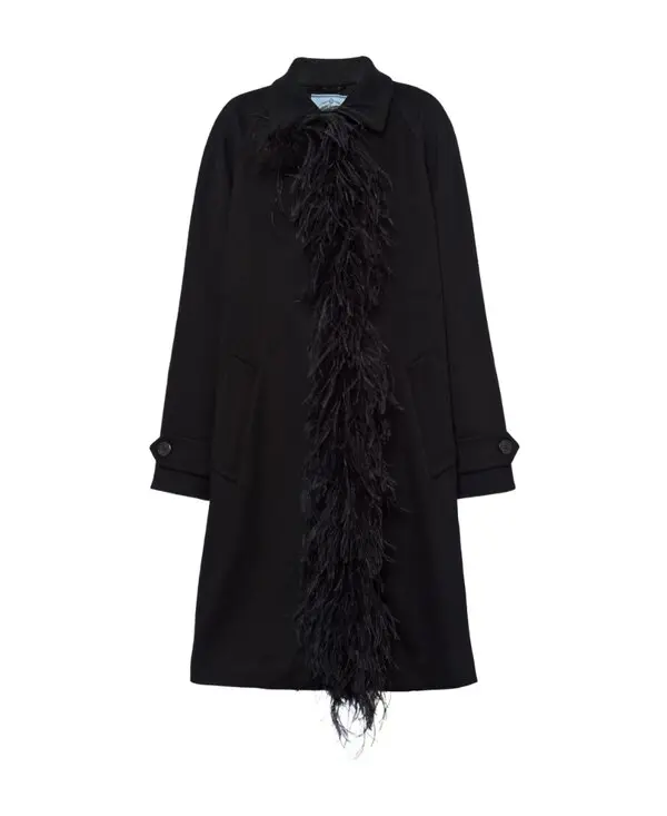 Prada Long-sleeved Belted Coat With Feather Details