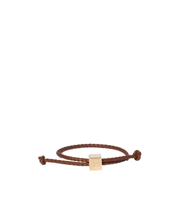 Miu Miu Braided Leather Bracelet With Logo Detail - Cognac