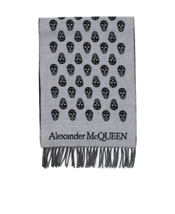 Alexander McQueen Skull Intarsia Knitted Fringed Scarf - Gray