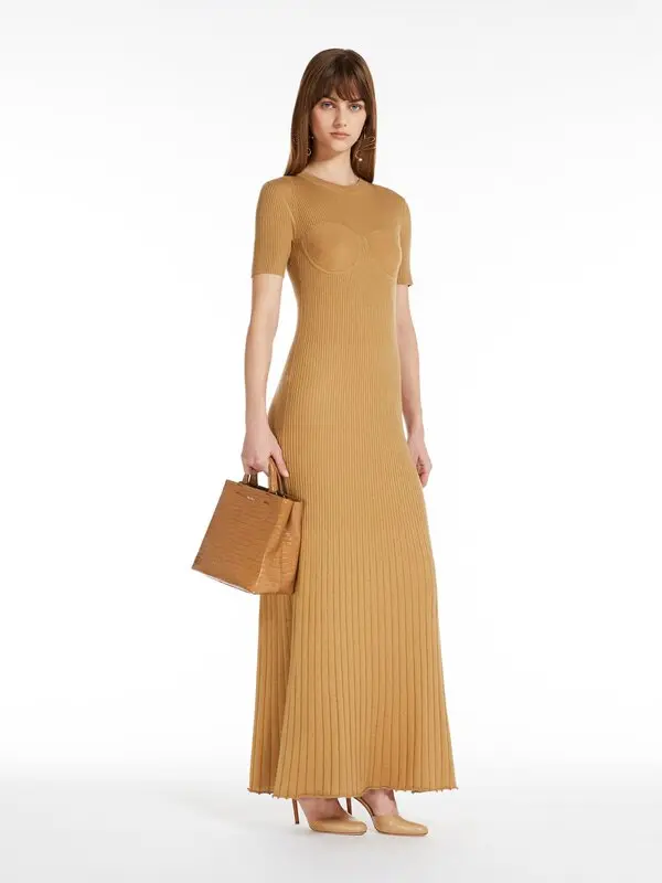 Max Mara Ribbed Knit Maxi Dress With Pleated Hem - Camel