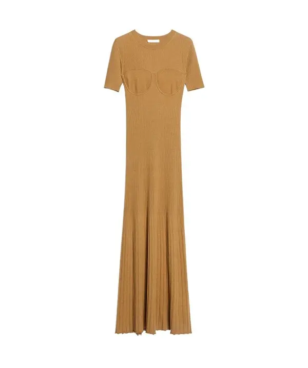 Max Mara Ribbed Knit Maxi Dress With Pleated Hem - Camel