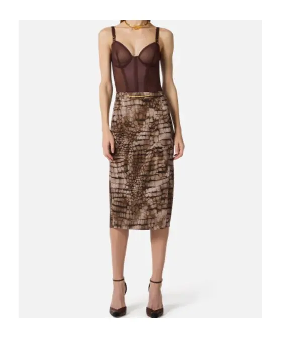 Elisabetta Franchi Printed Midi Skirt With Side Slit - Cocoa