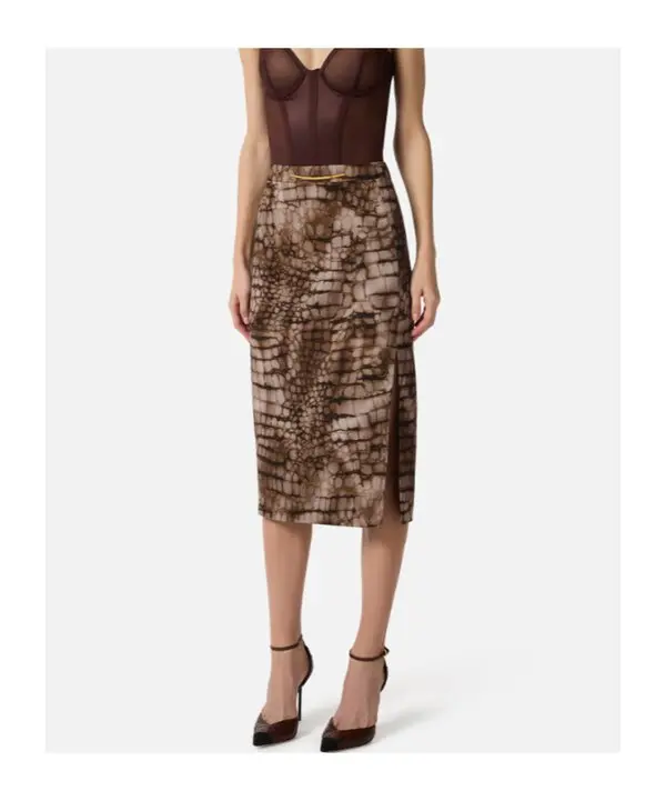 Elisabetta Franchi Printed Midi Skirt With Side Slit - Cocoa