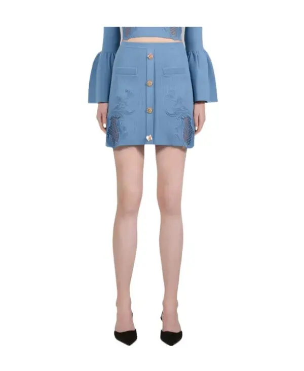 SELF-PORTRAIT Lace Inlaid Rib Knitted Skirt - Blue