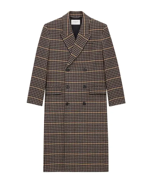 Saint Laurent Long Wool Check Double Breasted Coat