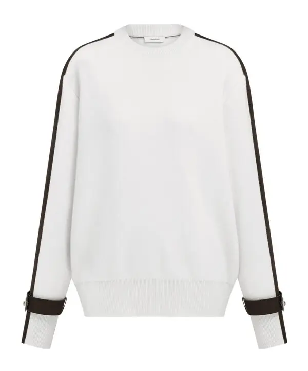 FERRAGAMO Virgin Wool Crewneck Sweater With Metallic Buckle Detail - White Black