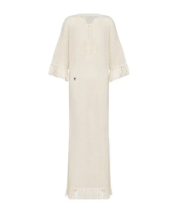Dior Logo Embroidered Fringe Detailed Maxi Dress - White