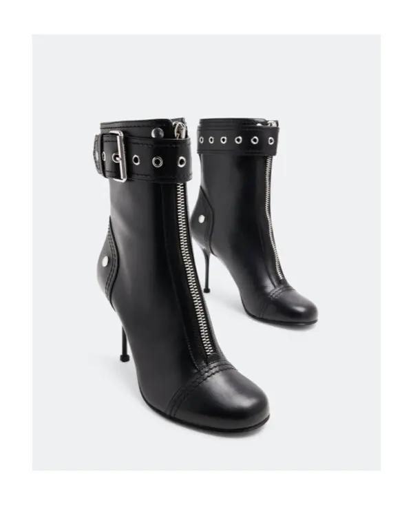 Alexander McQueen Leather Stiletto Ankle Boots With Buckle And Zip
