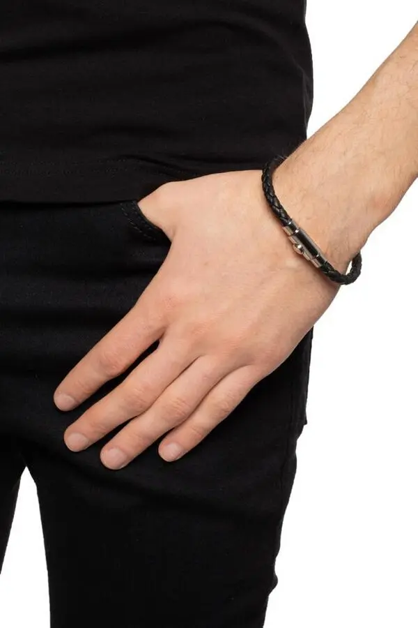 FERRAGAMO Braided Leather Bracelet With Silver Logo Detail - Black