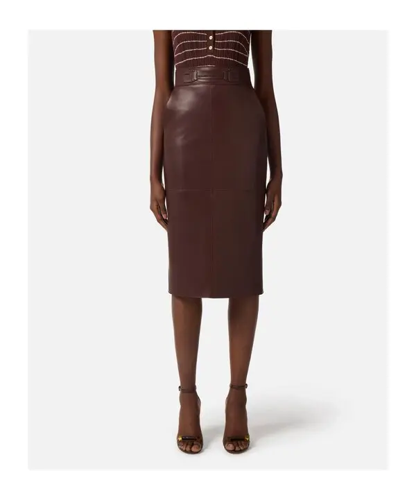 Elisabetta Franchi Logo Embossed Leather Midi Skirt