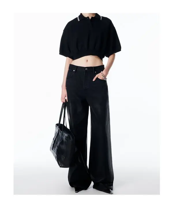 Alexander Wang Cropped Polo Shirt With Engineered Knit Collar - Black