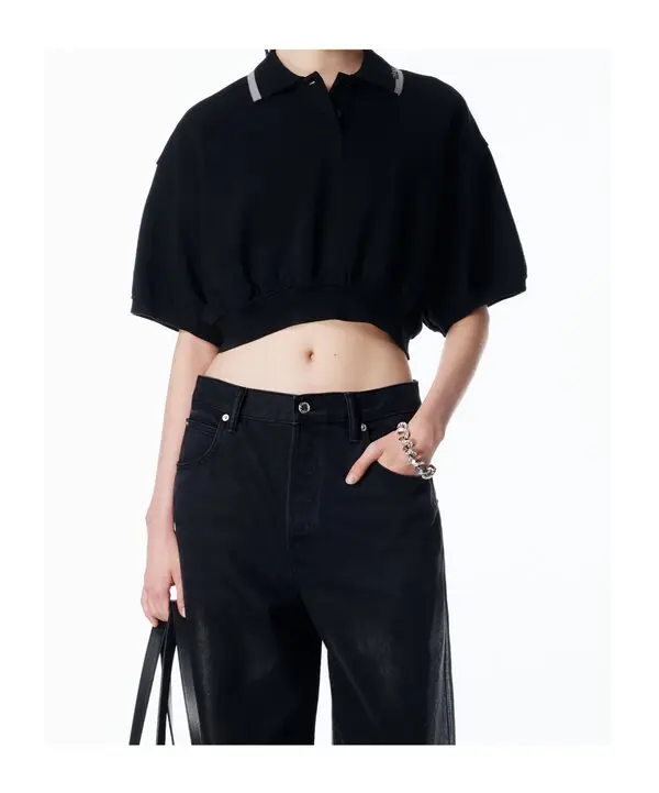 Alexander Wang Cropped Polo Shirt With Engineered Knit Collar - Black