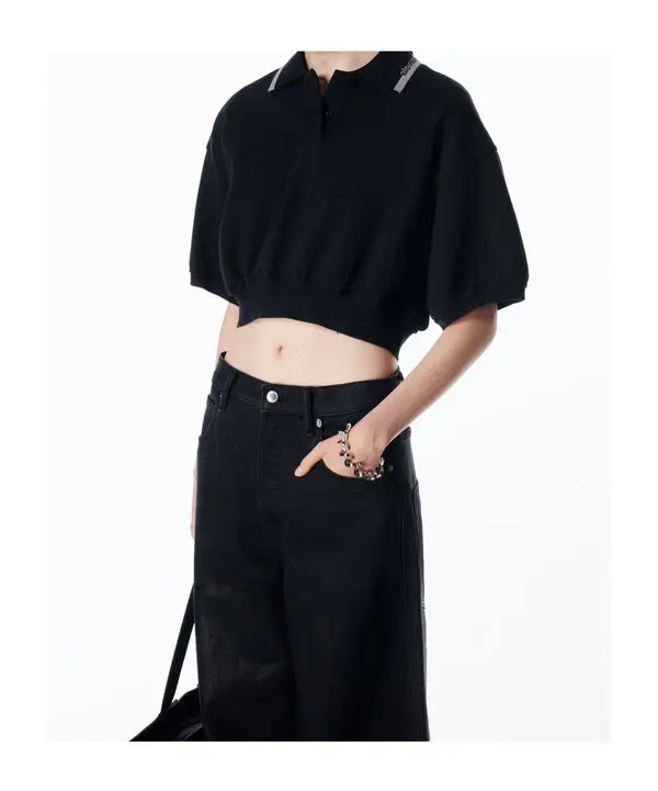 Alexander Wang Cropped Polo Shirt With Engineered Knit Collar - Black