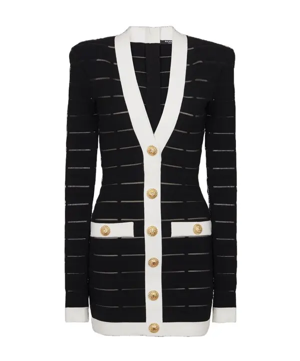 Balmain Button-embellished V-neck Knitted Mini Dress
