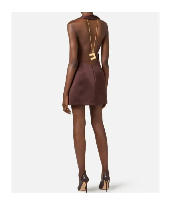 Elisabetta Franchi Duchess Satin Halter Neck Mini Dress With Logo Necklace