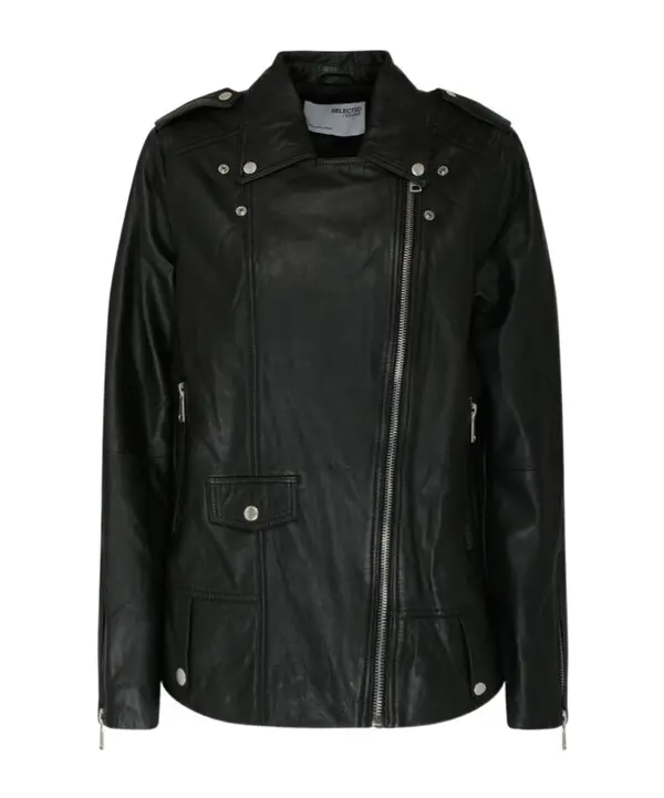 SELECTED Long-sleeved Leather Jacket - Black
