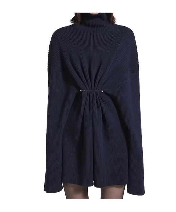 Balenciaga Ribbed Turtleneck Long-sleeve Dress With Silver-toned Brass Clip Detail - Navy
