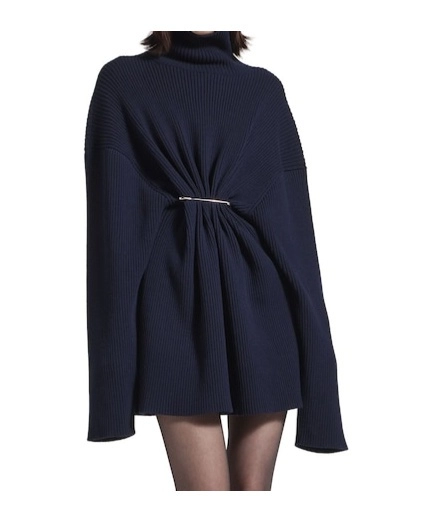Balenciaga Ribbed Turtleneck Long-sleeve Dress With Silver-toned Brass Clip Detail - Navy