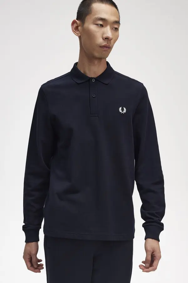 Fred Perry Long Sleeved Logo Embroidered Polo Shirt - Black