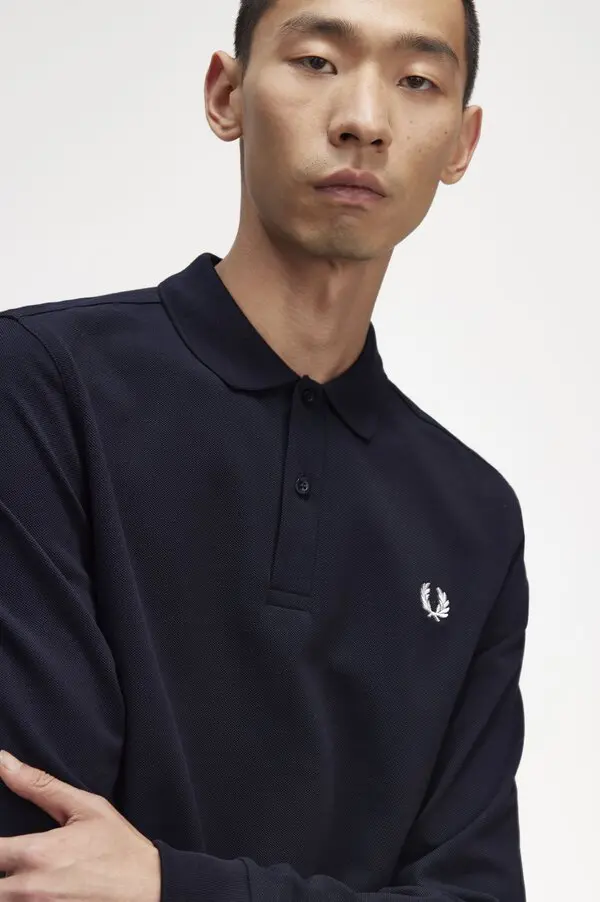 Fred Perry Long Sleeved Logo Embroidered Polo Shirt - Black