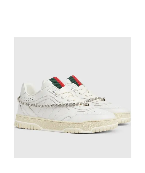 Gucci Re-web Low-top Sneakers With Crystal Chain Detail - White