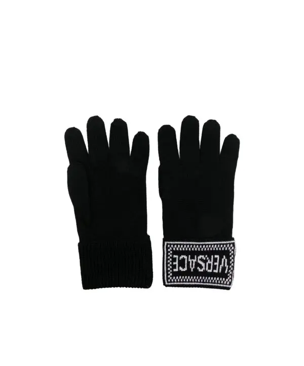 Versace Virgin Wool Intarsia Logo Gloves - Black