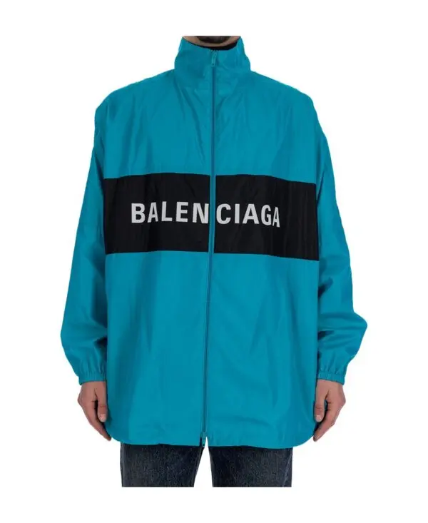Balenciaga Logo Printed High-neck Zip-up Jacket - Blue