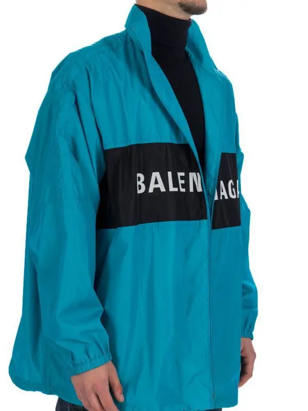 Balenciaga Logo Printed High-neck Zip-up Jacket - Blue