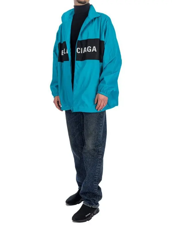 Balenciaga Logo Printed High-neck Zip-up Jacket - Blue